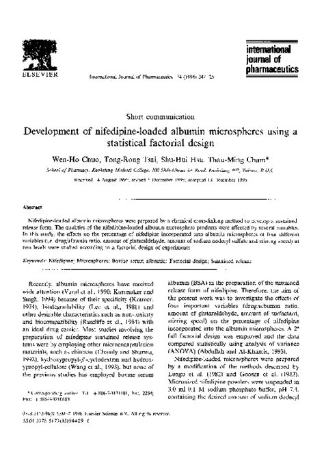 Pdf Development Of Nifedipine Loaded Albumin Microspheres Using A Statistical Factorial Design