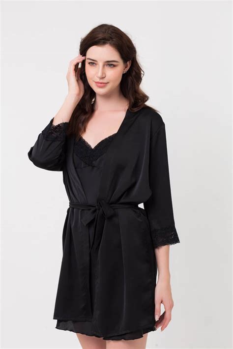 Silk Nightgown And Robe Set With Lace Details Black Silk Pyjamas