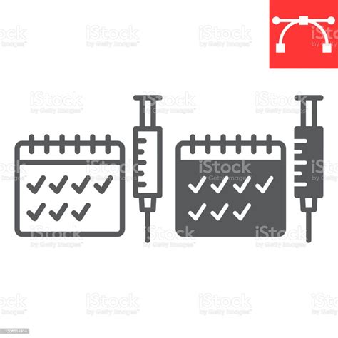 계절 예방 접종 라인 과 글리프 아이콘 백신 및 주사 달력 벡터 아이콘 주사기 벡터 그래픽 편집 가능한 스트로크 개요 기호 Eps 10 2021년에 대한 스톡 벡터 아트 및