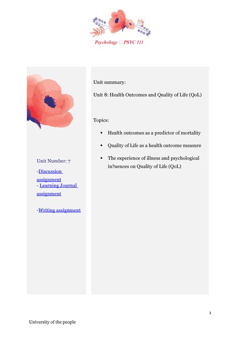 Psychology PSYC 111 Unit 8 Psychology PSYC 111 Unit Summary Unit 8 Health Outcomes And