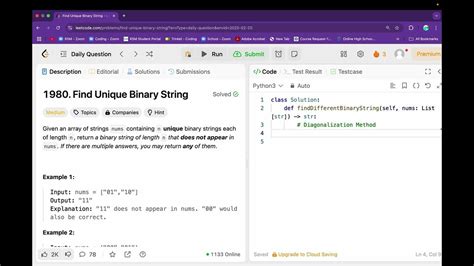 Find Unique Binary String Leetcode 1980 Youtube