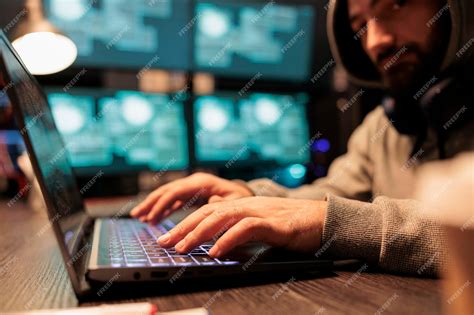 Premium Photo Male Hacker Using Security Breach To Hack Server Hacking Computer System To