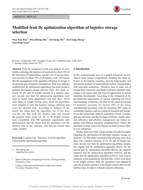 modified fruit fly optimization algorithm of logistics storage selection
