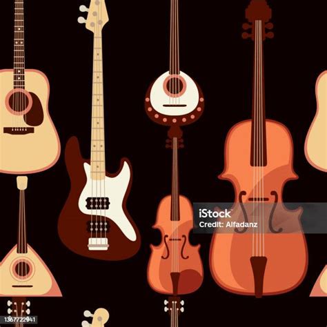 클래식 악기 컬렉션 만화 디자인 벡터 일러스트의 원활한 패턴 베이스 기타에 대한 스톡 벡터 아트 및 기타 이미지 베이스 기타