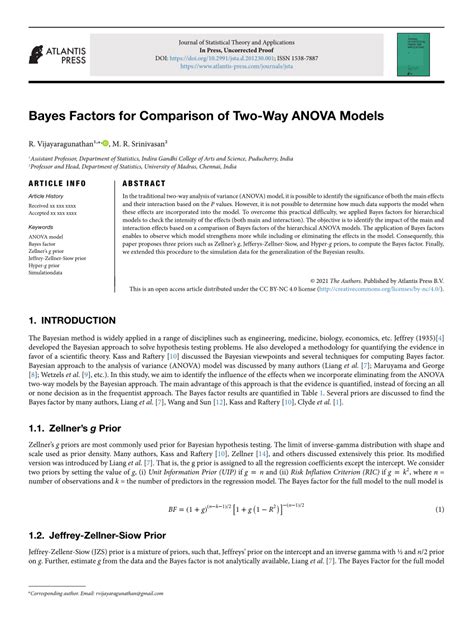 Pdf Bayes Factors For Comparison Of Two Way Anova Models