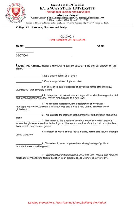 Quiz No Contemporary Quiz Republic Of The Philippines Batangas State University The National