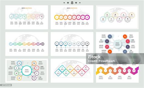 Infographic 요소의 집합입니다 프레 젠 테이 션 그래프 차트 다이어그램 8 단계 옵션 벡터 템플릿입니다 8에 대한 스톡