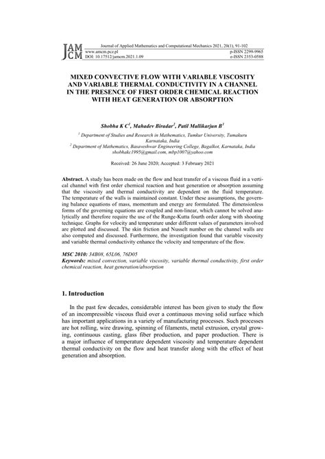 Pdf Mixed Convective Flow With Variable Viscosity And Variable Thermal Conductivity In A