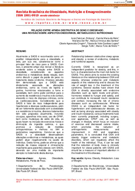Pdf Relationship Between Obstructive Sleep Apnea And Obesity A