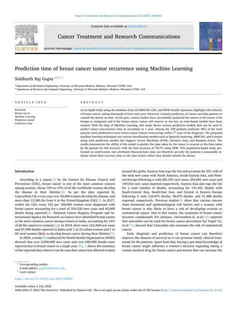 Pdf Prediction Time Of Breast Cancer Tumor Recurrence Using Machine Learning