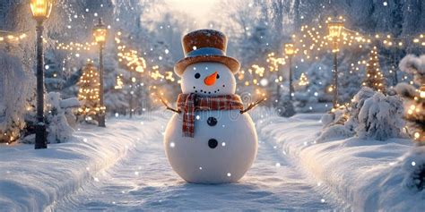 Snowman With Hat And Scarf Standing On A Snowy Path With String Lights