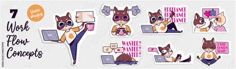 Workflow Cat Stickers Concept With Character Situations Set Cute Cat Working At Laptop As