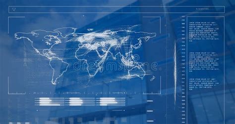 Animation Of Loading Bars Map And Computer Language Low Angle View Of Building Against Cloudy