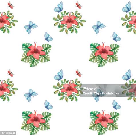 붉은 열대 히비스커스 꽃 녹색 몬스 테라 파란 나비 무당 벌레가있는 Schefflera 잎의 손으로 그린 그림에서 수채화 매끄러운 패턴 직물 직물을 위한 백색 배경에 인쇄