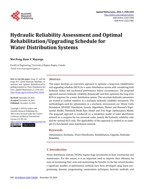 Pdf Hydraulic Reliability Assessment And Optimal Rehabilitationupgrading Schedule For Water