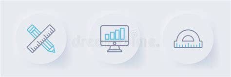 Set Line Protractor Computer Monitor With Graph Chart And Crossed Ruler And Pencil Icon Vector