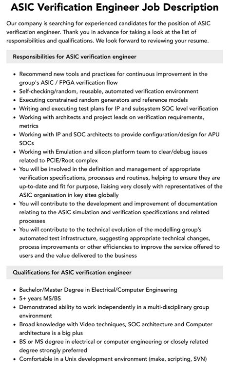 Asic Verification Engineer Job Description Velvet Jobs