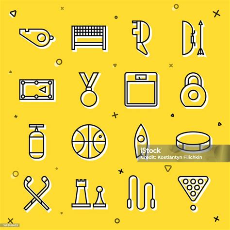 랙 삼각형 하키 퍽 케틀벨 펜싱 헬멧 마스크 메달 테이블 호루라기 및 욕실 저울 아이콘에 당구 공을 설정합니다 벡터 건강한 생활