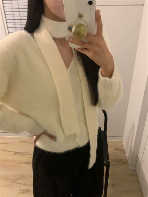 앙고라 퍼 겨울 털 가디건 머플러 니트 세트