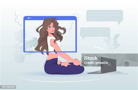 화상 통화 원격 작업 격리 채팅 버블 통신 개념 소녀 웹 브라우저 창 전체 길이 벡터 일러스트레이션 동안 가상 회의를 갖는 여자 가공의 인물에 대한 스톡 벡터 아트 및 기타