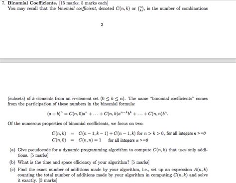 Solved Binomial Coefficients You May Recall That The Chegg Com