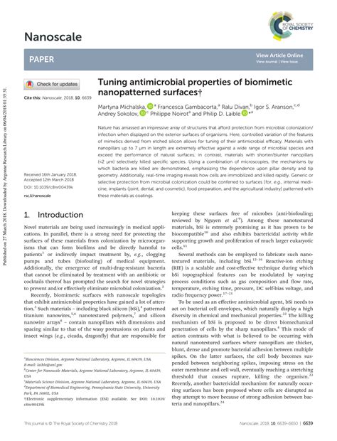 Pdf Tuning Antimicrobial Properties Of Biomimetic Nanopatterned Surfaces