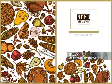 색깔의 호박 포크 칼 배 칠면조 호박 파이 사과 파이 옥수수 사과 로완 단풍 나무 참나무와 메뉴 커버 디자인 10월에 대한 스톡 벡터 아트 및 기타 이미지 Istock