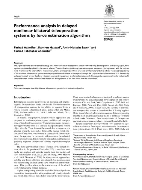 Pdf Performance Analysis In Delayed Nonlinear Bilateral Teleoperation Systems By Force