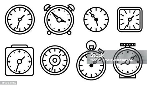 시계 문자판 선형 아이콘 세트 시간 척도 벡터 가는 선 아이콘은 흰색 배경에 분리되어 있습니다 알람 시계 스톱워치 시계 벽시계 로고 디자인 개념에 대한 스톡 벡터 아트 및