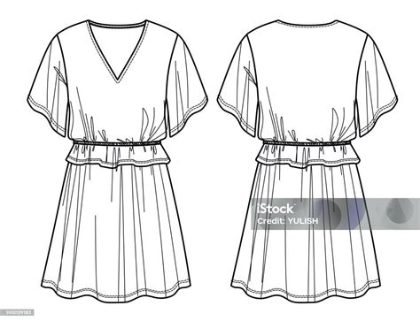 벡터 V 넥 드레스 기술 도면 유행 반소매 드레스 패션 Cad 플랫 프릴 플랫 템플릿 미니 드레스 저지 또는 짠 직물 드레스