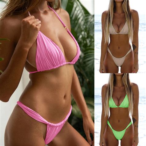 Hapimo Womens Tiny Bikini Swimsuit Solid Color Beachwear Pleat Bandage