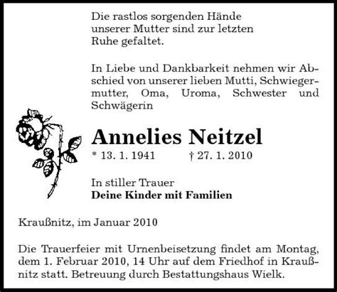 Traueranzeigen Von Annelies Neitzel Trauer Anzeigende