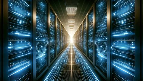 Hardware Server Room With Rows Of Computers Cables And Blinking