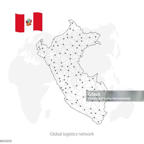 글로벌 물류 네트워크 개념 통신 네트워크는 세계의 배경에 페루 지도 다각형 스타일 및 플래그의 노드와 페루의 지도 벡터 일러스트 레이 션 Eps10 개념에 대한 스톡 벡터