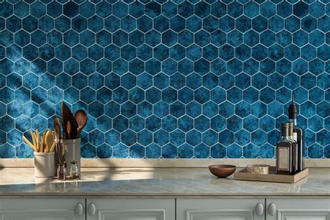 따뜻한 아침 주방 장면 대리석 조리대 햇빛 블루 벌집 세라믹 타일 벽 3d 렌더링과 함께 다양한 주방용품 0명에 대한 스톡 사진 및 기타 이미지 Istock