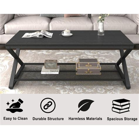 Lvb 블랙 커피 테이블 목재 금속 2 단 센터 테이블 보관 선반 포함 현대 직사각형 콘크리트 찻상 Café 가구