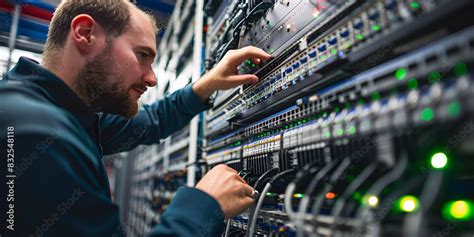 Man In Server Room Network Rack Full Of Routers Fixing The Probems Stock Photo Adobe Stock
