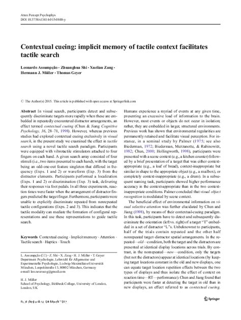 Pdf Contextual Cueing Implicit Memory Of Tactile Context Facilitates