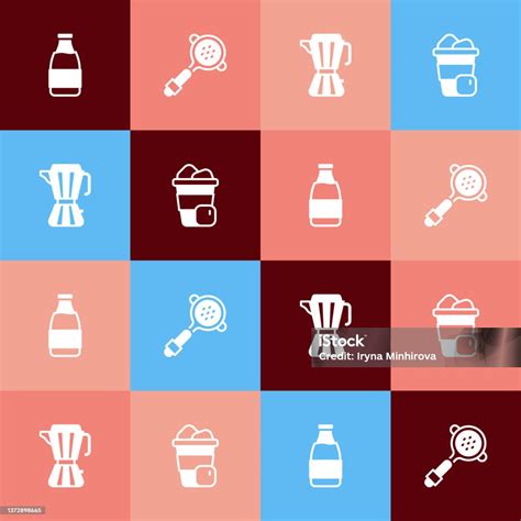 팝 아트 밀크 보틀 커피 필터 홀더 메이커 모카 냄비 와 아이스 커피 아이콘을 설정합니다 벡터 고풍스런에 대한 스톡 벡터 아트