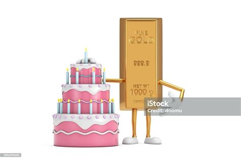 골든 바 만화 인물 캐릭터 마스코트와 생일 만화 디저트 계층화 케이크와 양초 3d 렌더링 3차원 형태에 대한 스톡 사진 및 기타 이미지 3차원 형태 경제 국고