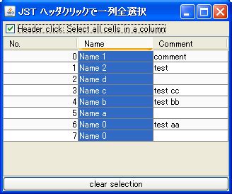 JTableHeaderをクリックしてそのColumnのセルを全選択 Java Swing Tips