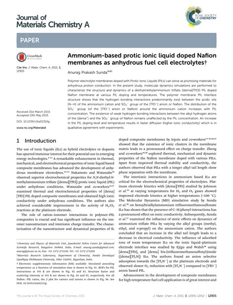 Pdf Ammonium Based Protic Ionic Liquid Doped Nafion Membrane As Anhydrous Fuel Cell Electrolyte