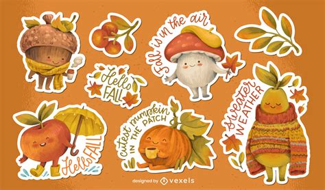 Cute Fall Watercolor Characters And Quotes Set Vector Download