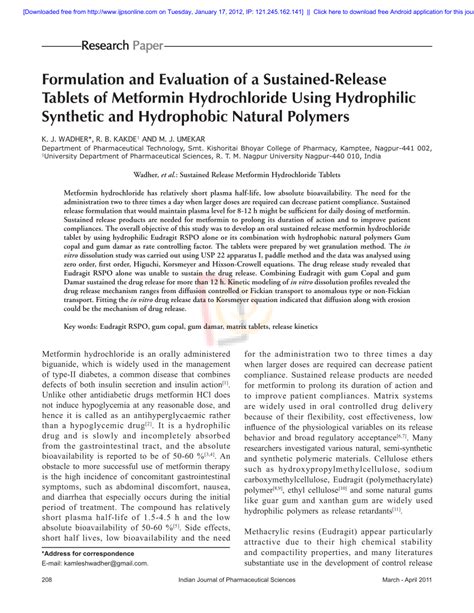 Pdf Formulation And Evaluation Of A Sustained Release Tablets Of Metformin Hydrochloride Using