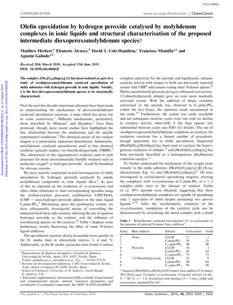 Pdf Olefin Epoxidation By Hydrogen Peroxide Catalyzed By Molybdenum