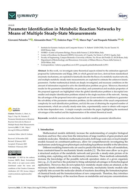 Pdf Parameter Identification In Metabolic Reaction Networks By Means Of Multiple Steady State