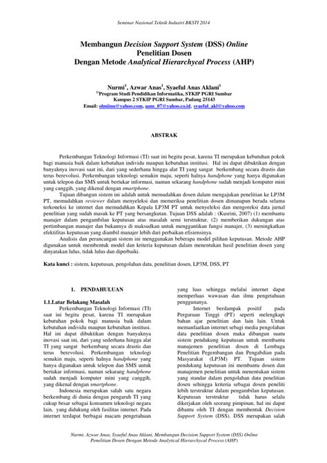 Pdf Membangun Decision Support System Dss Online Penelitian Dosen Dengan Metode Analytical
