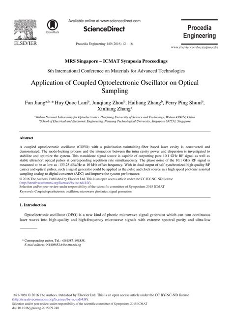 Pdf Application Of Coupled Optoelectronic Oscillator On Optical Sampling