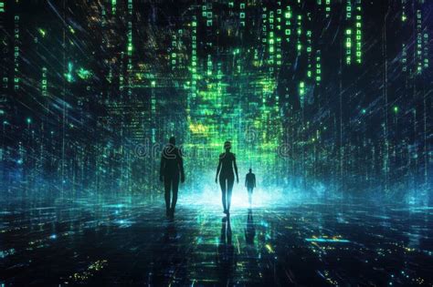 Exploring An Abstract Digital Realm With Human Silhouettes And Floating Matrix Code In A