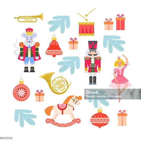 호두까기 인형 발레리나 생쥐 왕 흔들 목마 선물 크리스마스 트리 장식이 있는 전나무 가지 금관 악기 및 타악기 크리스마스에 대한 스톡 벡터 아트 및 기타 이미지 Istock